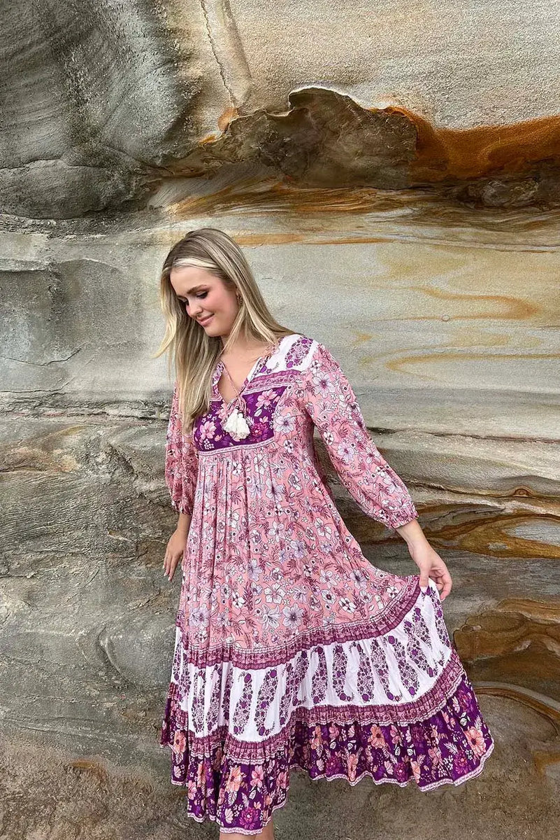 Noor Midi Dress with Pockets - Boho Floral Elegance – MALANG BOHEME